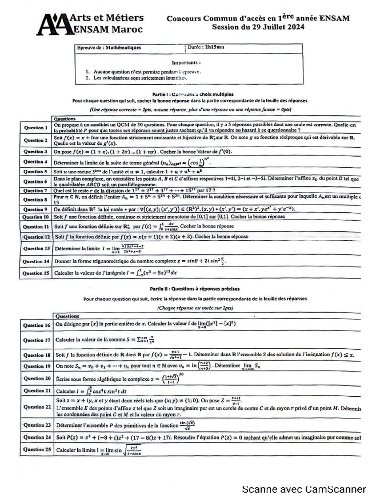 ENSAM 2024 +fiche de Réponses | PDF
