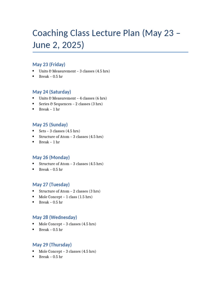 Coaching Class Plan May23 To June2 | PDF