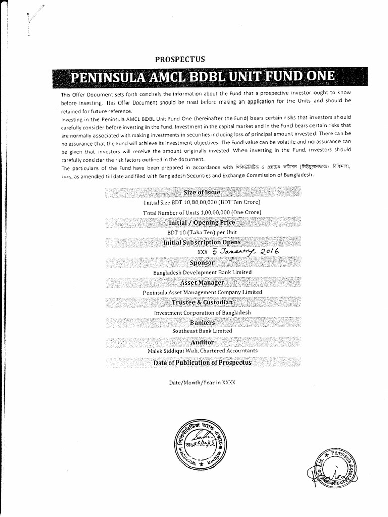 Prosoectus of Peninsula AMCL BDBL Unit Fund One 18.01.2016 | PDF ...