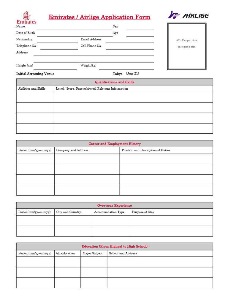 Emirates Cabin Crew Application Form | PDF
