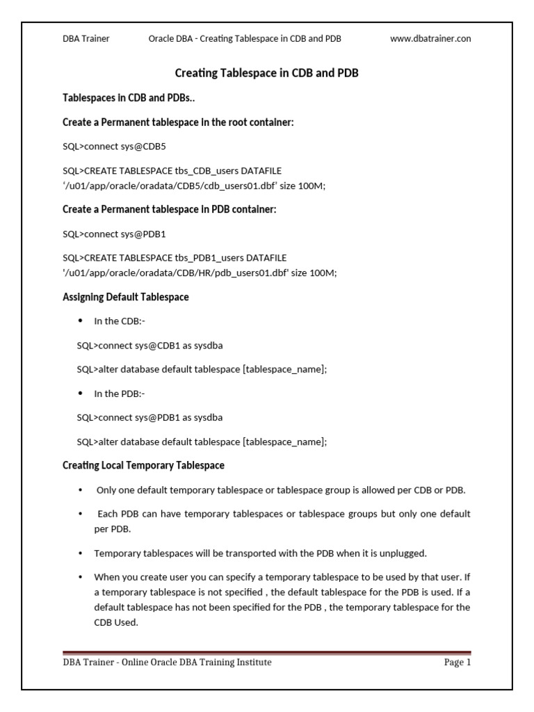 Chapter - 11 - Creating Tablespace in CDB and PDB | PDF