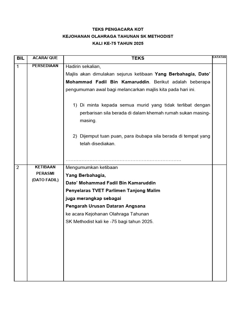Teks Emcee Hari Sukan 2025 | PDF