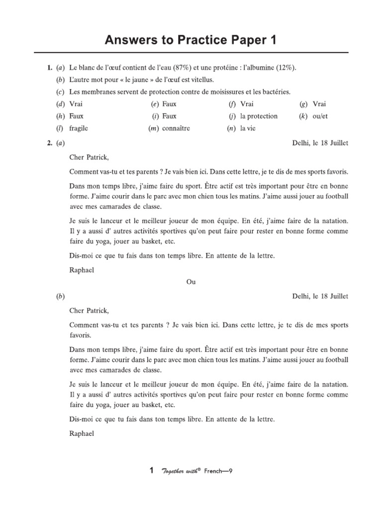 Cbse Cl9 Together With French Answers To Practice Paper 1 Chappa-1 | PDF