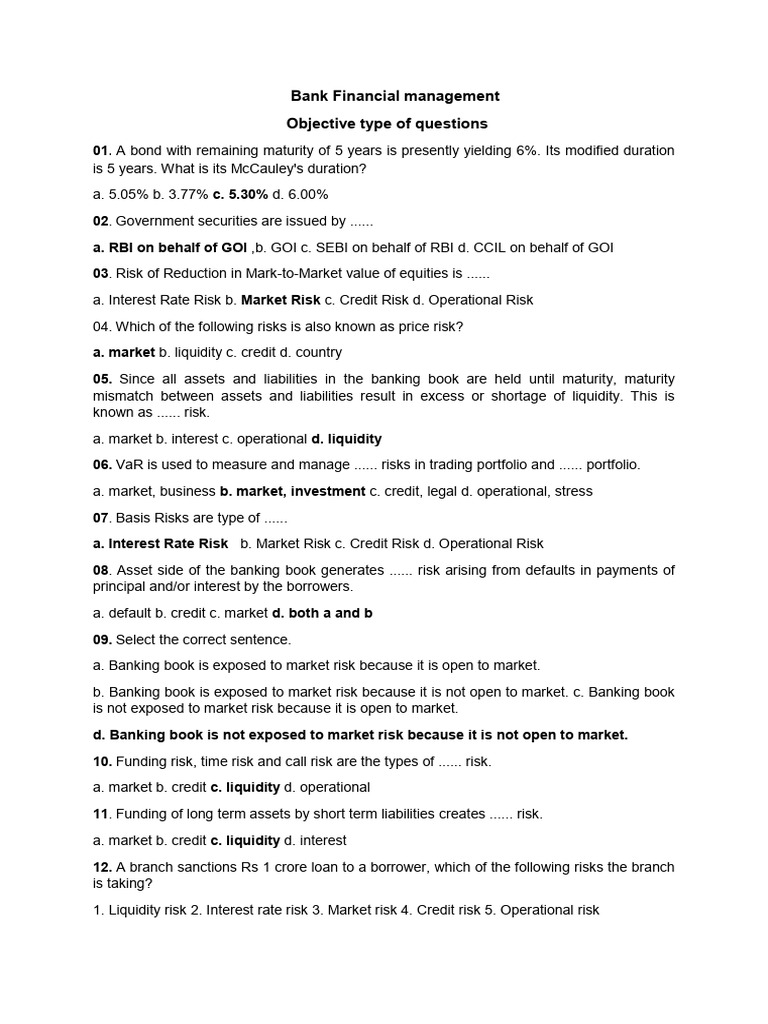 Bank Financial Management Quiz Questions | PDF | Financial Risk | Bonds ...