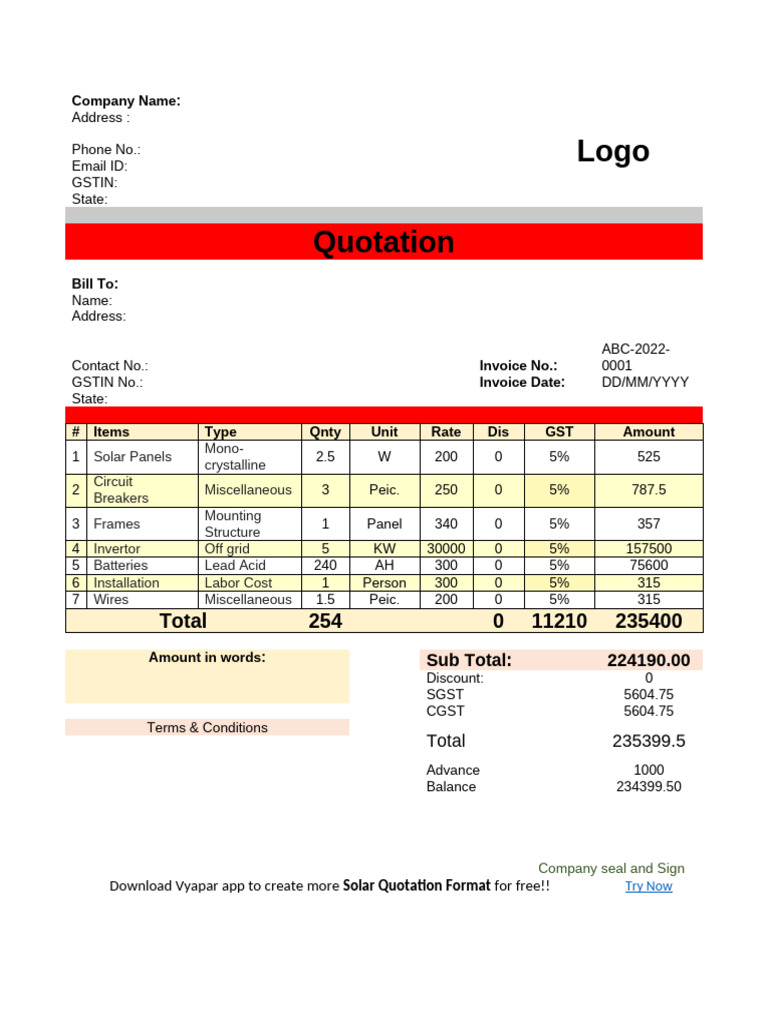 Solar Quotation Format Template | PDF