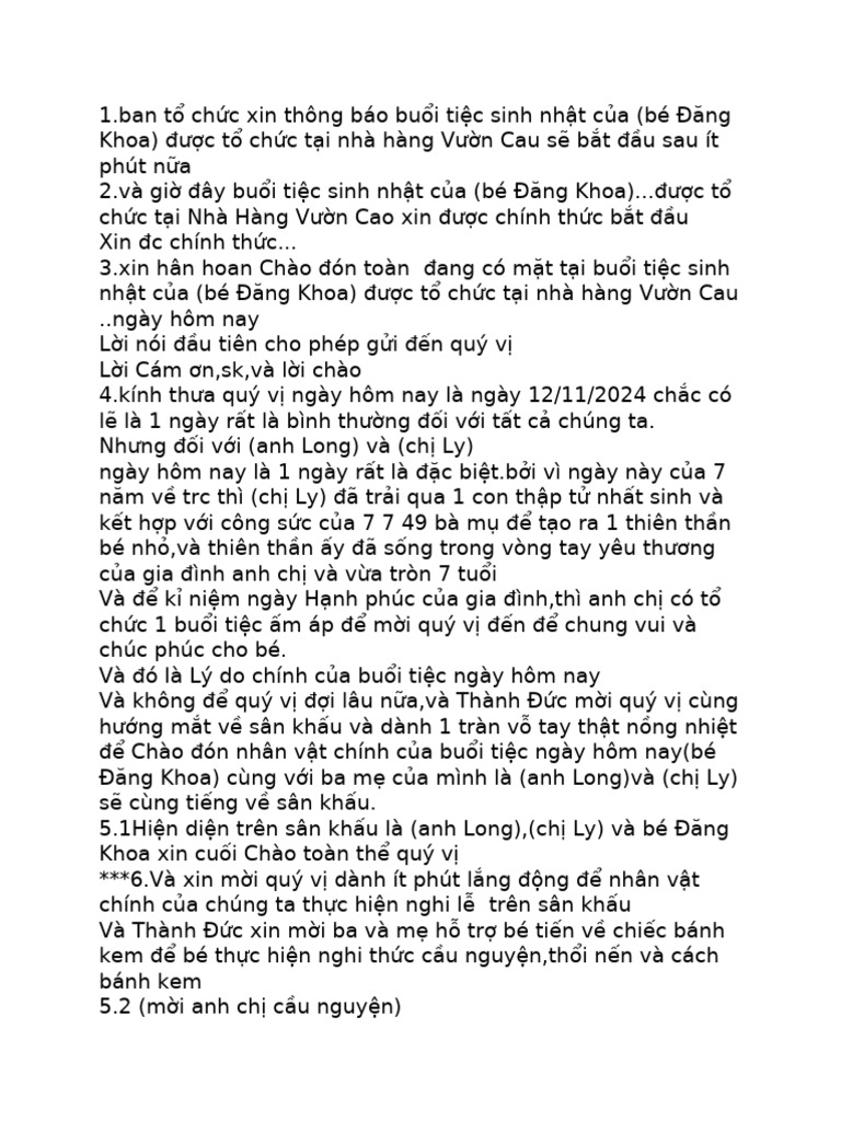Script MC Sinh Nhật Cho Bé | PDF