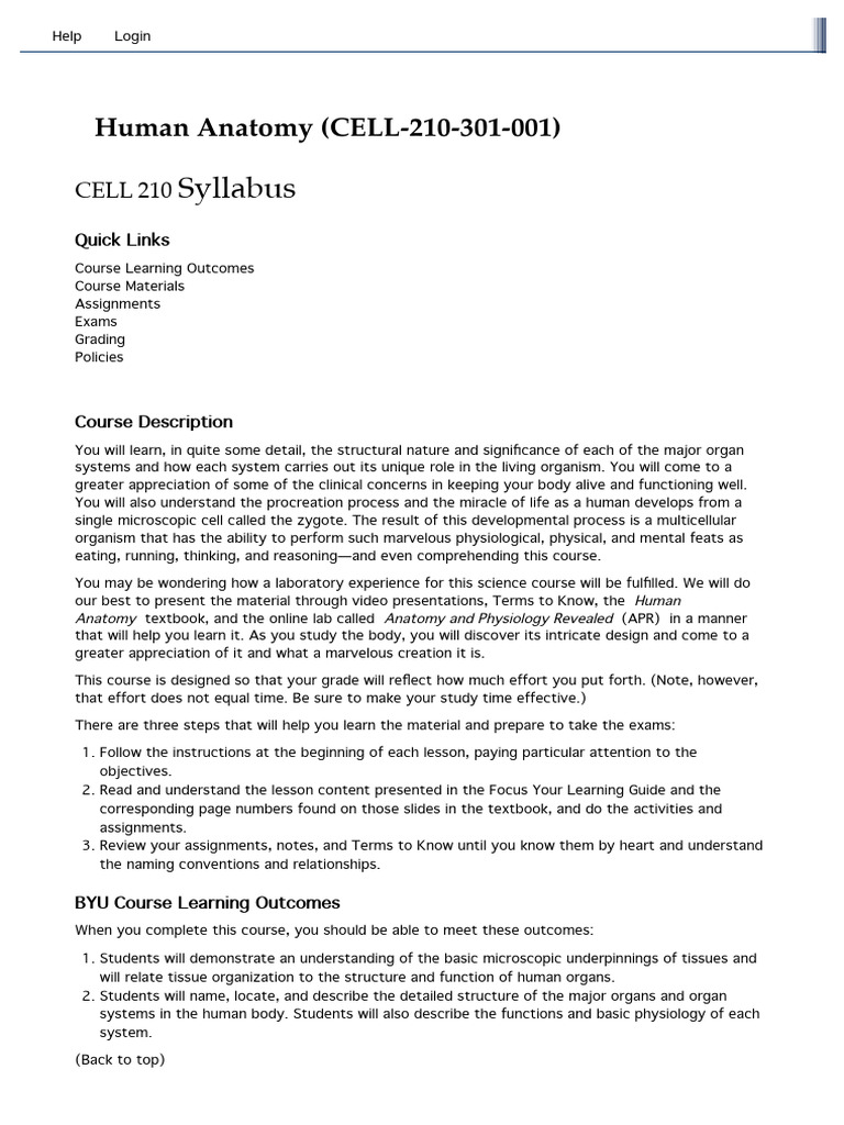 Human Anatomy Course Syllabus | PDF | Quiz | Anatomy