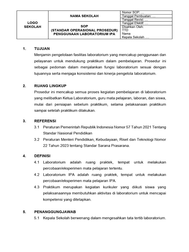 SOP Penggunaan Laboratorium IPA | PDF