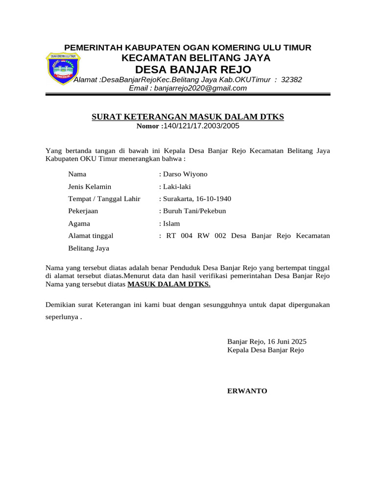 Surat Keterangan Masuk DTKS | PDF