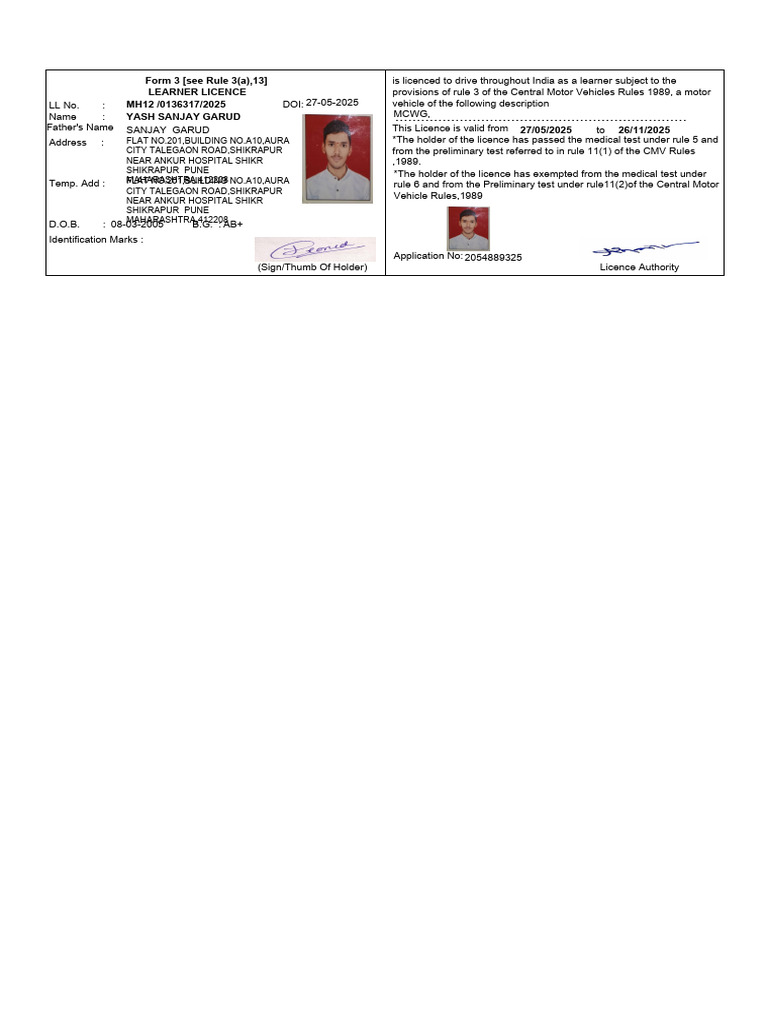 Form 3 (See Rule 3 (A), 13) Learner Licence | PDF
