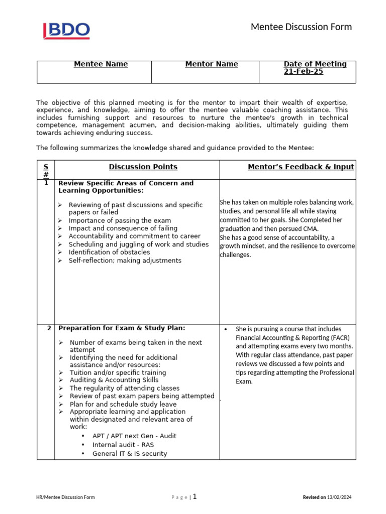 Mentorship Discussion Form 2025 | PDF | Mentorship | Behavior Modification