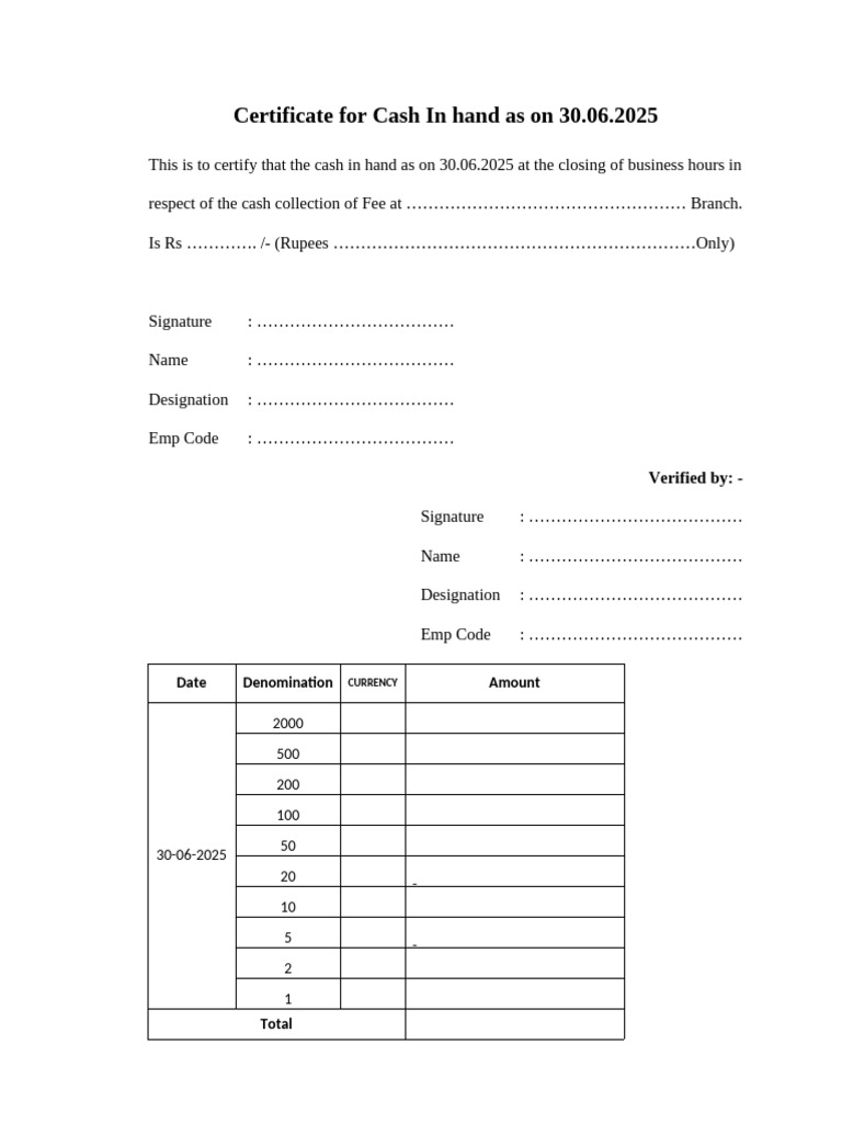 Cash in Hand Certificate Format | PDF