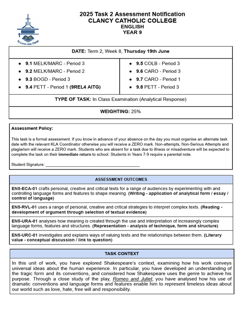 2025 Y9 English Task 2 Notification | PDF | Romeo And Juliet | Macbeth