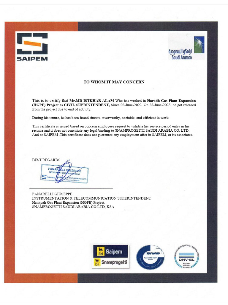 Saipem Exp Letter | PDF