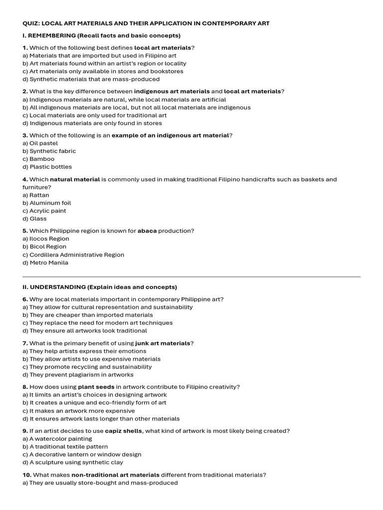 Quiz on Local Art Materials Usage | PDF | Paintings | Textiles