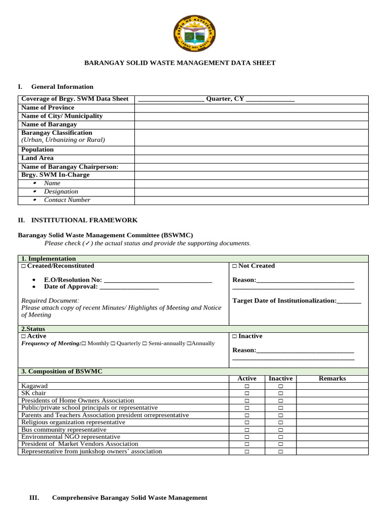 Barangay SWM Data Sheet Form | PDF | Waste | Recycling