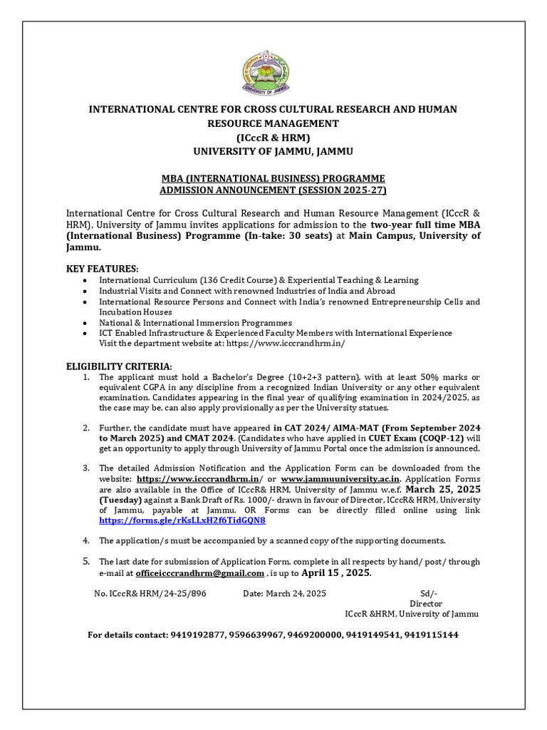 Mba (Ib) Advertisement 2025-27 Latest | PDF | Master Of Business ...