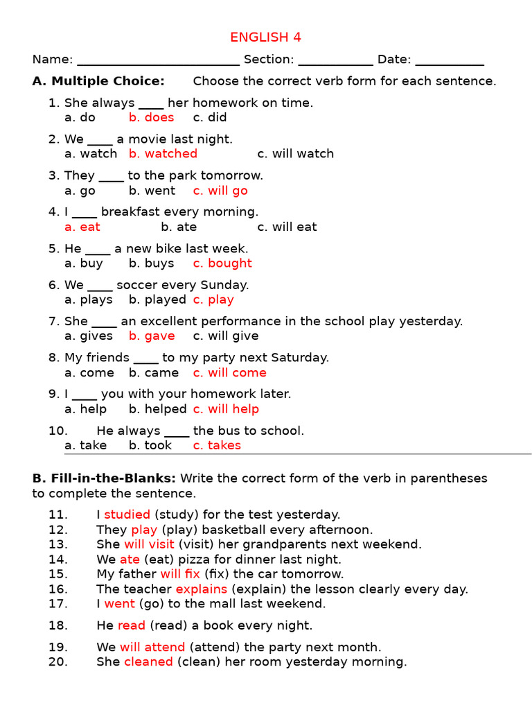 Worksheets On TENSES OF VERBS | PDF | Linguistics | Grammar