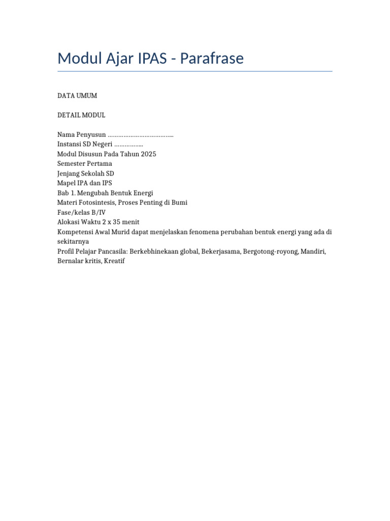 Modul Ajar IPA SD: Energi dan Fotosintesis | PDF