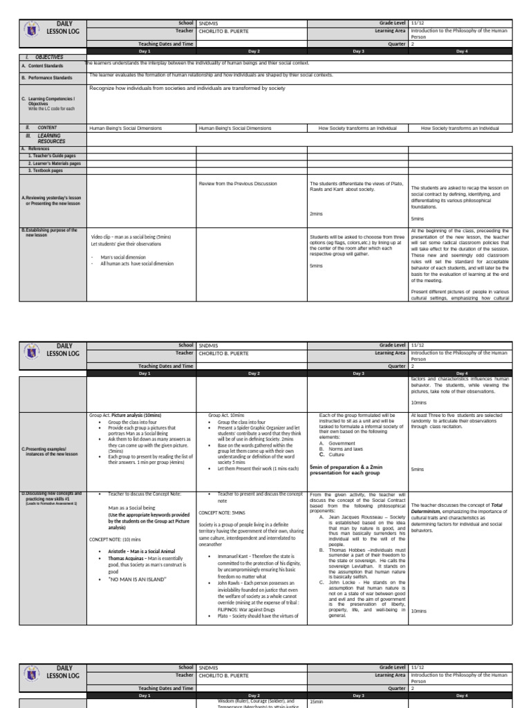 Daily Lesson Log: Philosophy of Society | PDF | Social Contract | Human ...