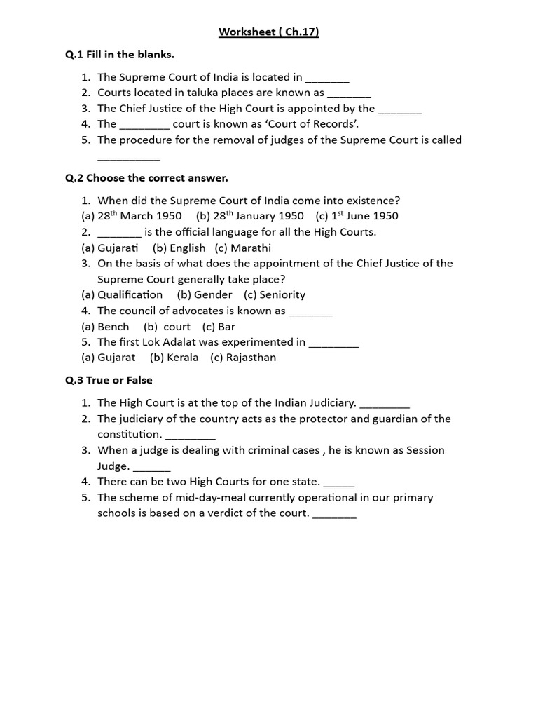 Indian Judiciary Worksheet Quiz | PDF