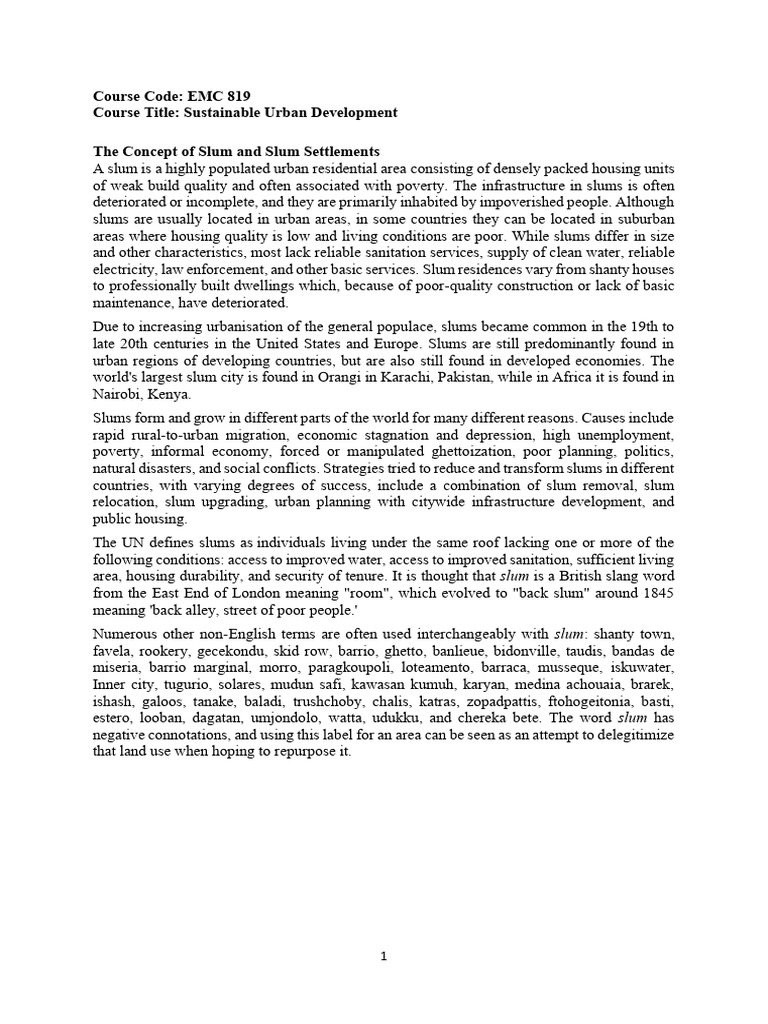 Sustainable Urban Development | PDF | Slum | Urbanization