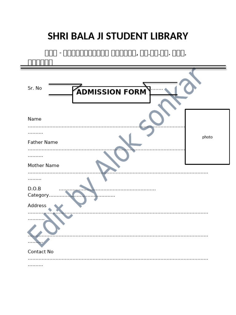 Shri Bala Ji Student Library Admission Form | PDF