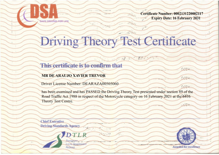 DSA Driving License Test Theory | PDF