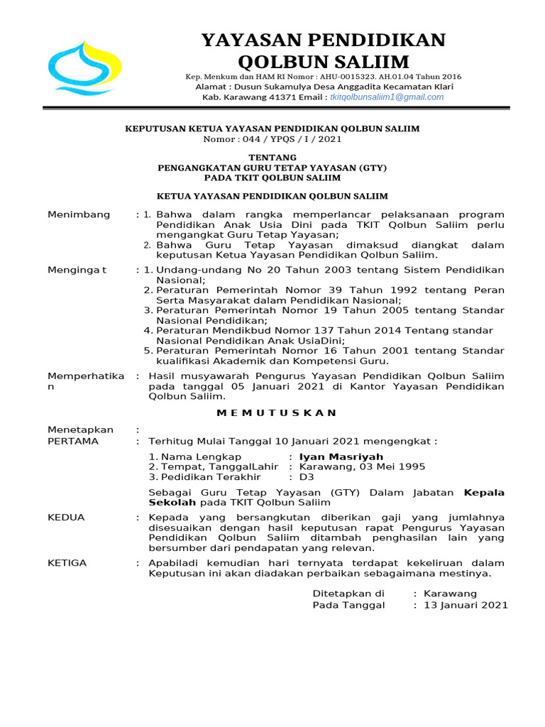 Contoh SK GTY & Penugasan Bu Iyan 2021 | PDF