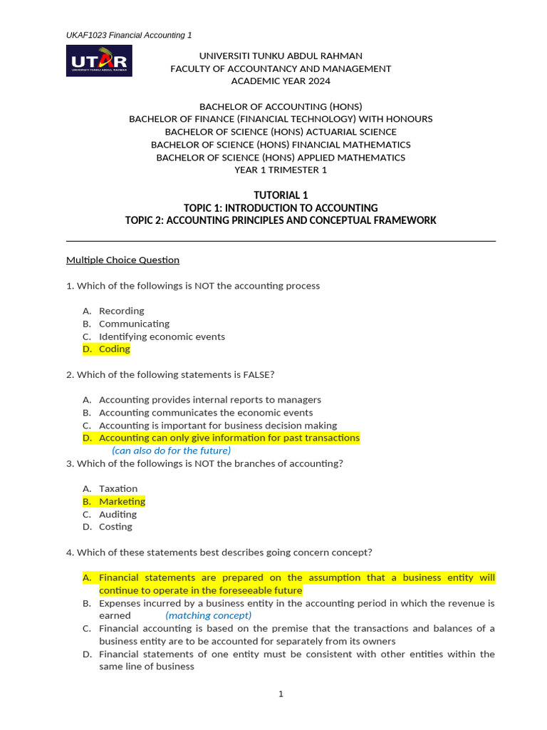 W2 Tutorial 1 Q Introduction To Accounting Accounting Pinciples CF ...