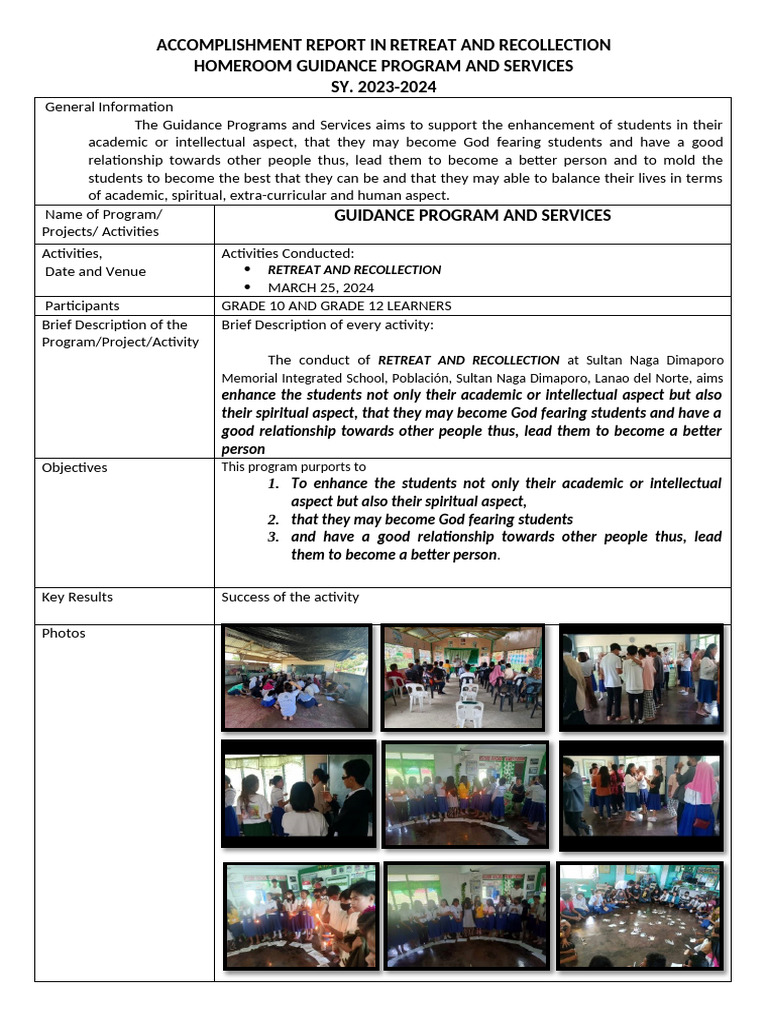 Retreat and Recollection Accompleshment | PDF