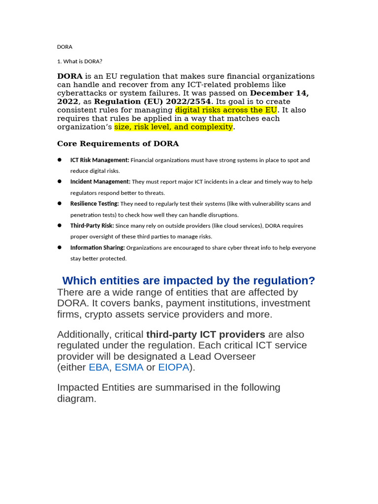 DORA Regulation Overview and Requirements | PDF