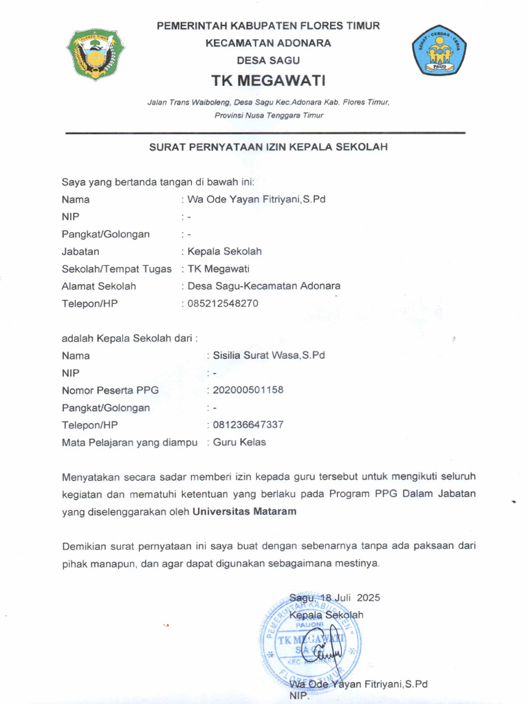 Pg-Paud - Sisilia Surat Wasa - Surat Keterangan Ijin Kepala Sekolah | PDF