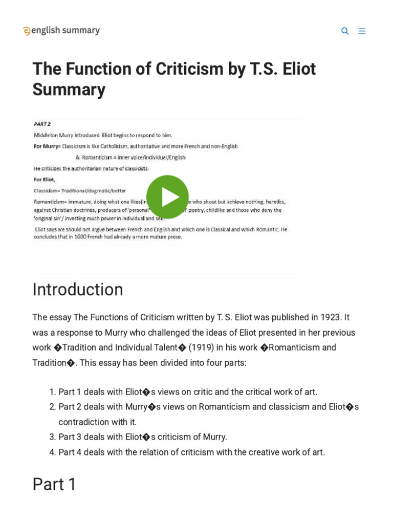 Function of Criticism by TS Eliot - English Summary | PDF | T. S. Eliot | Essays
