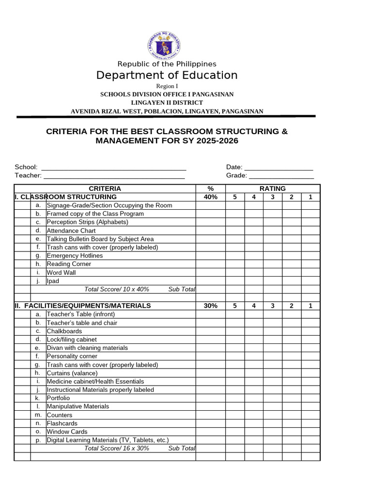 Criteria For The Best Classroom Structuring Management For Sy 2025 2026 | PDF | Classroom | Learning