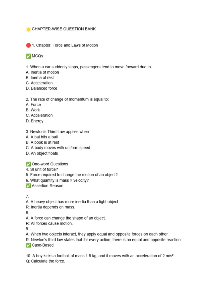 Class 9 Chapter-Wise Question Bank | PDF | Tissue (Biology) | Force