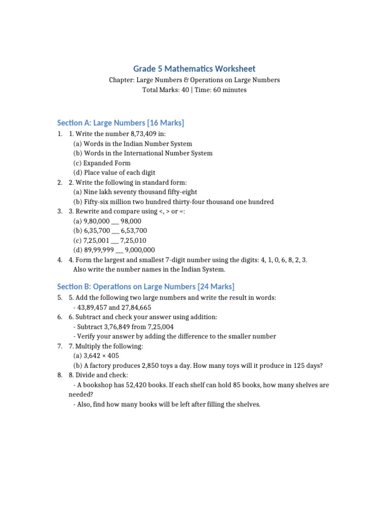 Grade 5 Large Numbers Worksheet | PDF