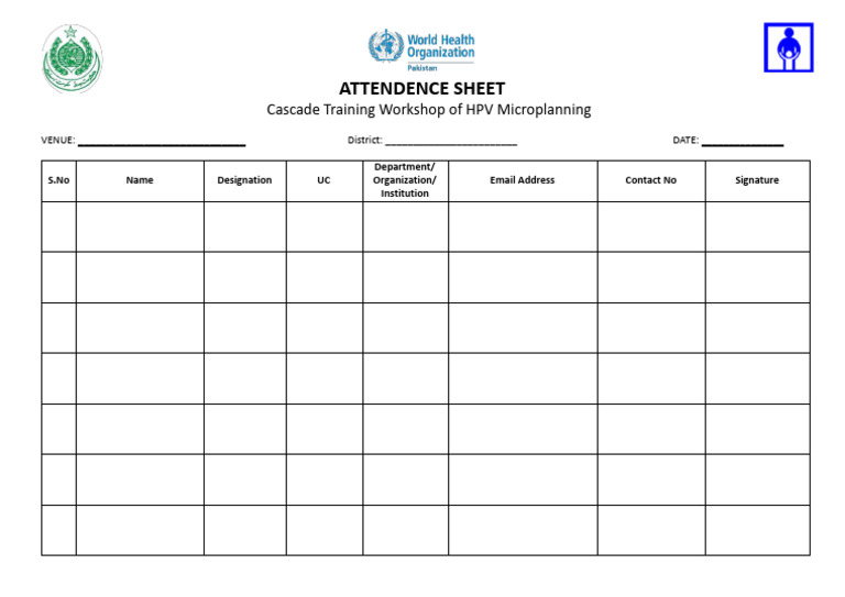 Attendance Sheet EPI Final - Cascade Trainings of HPV With 3 Logos | PDF