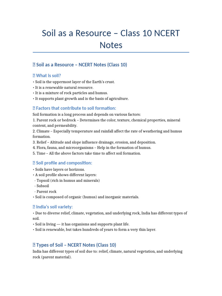 Soil As A Resource Class 10 NCERT Notes | PDF | Soil | Natural Environment