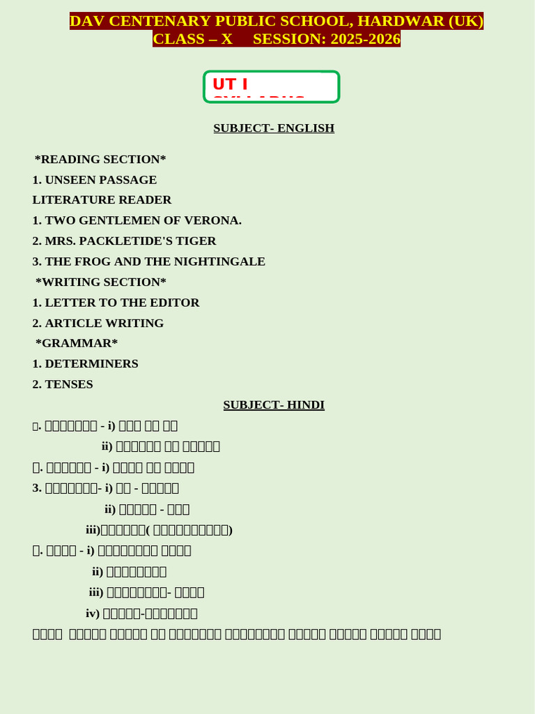 X Ut1 Syllabus2025-26 | PDF