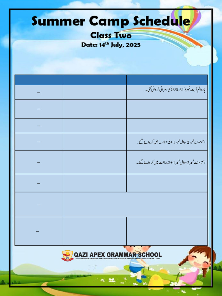 Summer Camp Schedule Grade Two | PDF