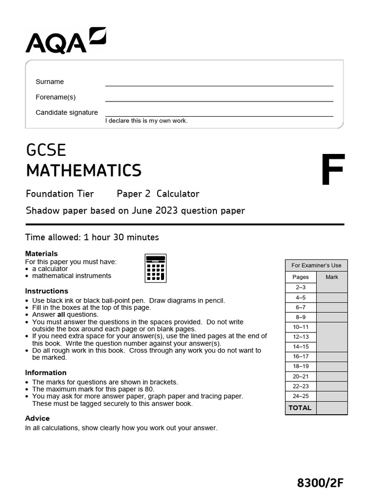 8300 Gcse Shadow Papers Paper 2f Question Paper June 2023 | PDF | Shape ...