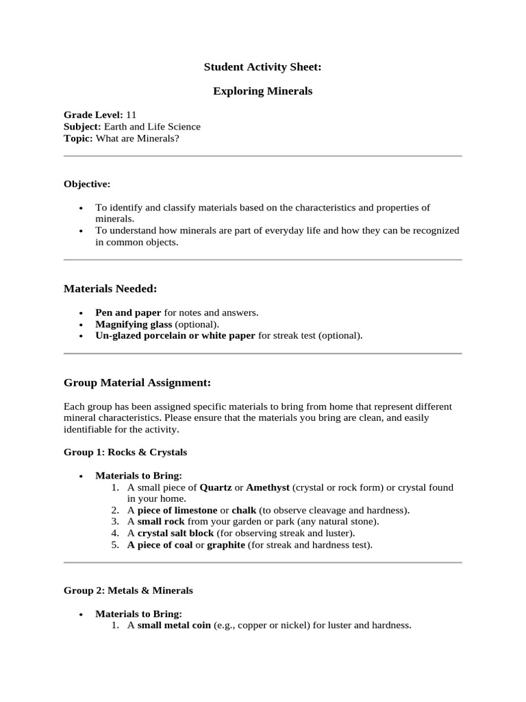 Student Activity Sheet MINERAL | PDF | Minerals | Ductility