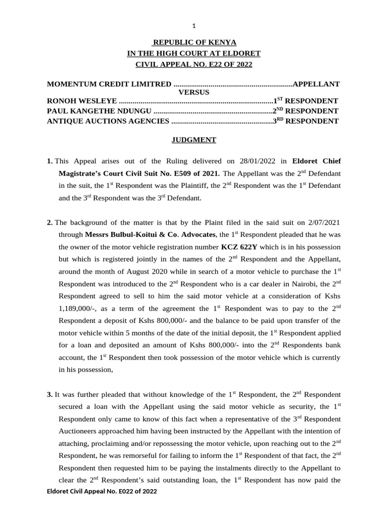 Kenya Civil Appeal E22/2022 Judgment | PDF | Lawsuit | Judgment (Law)