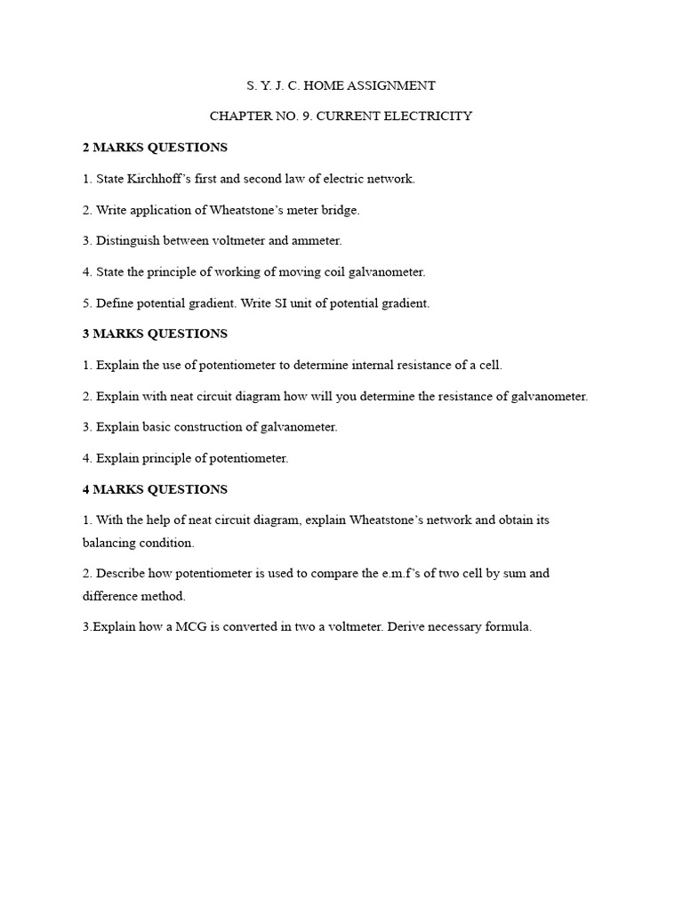 Current Electricity Assignment Questions | PDF