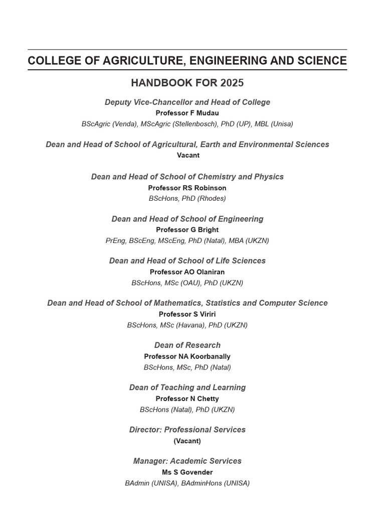 UKZN Agriculture, Engineering & Science Handbook 2025 | PDF | Academic ...