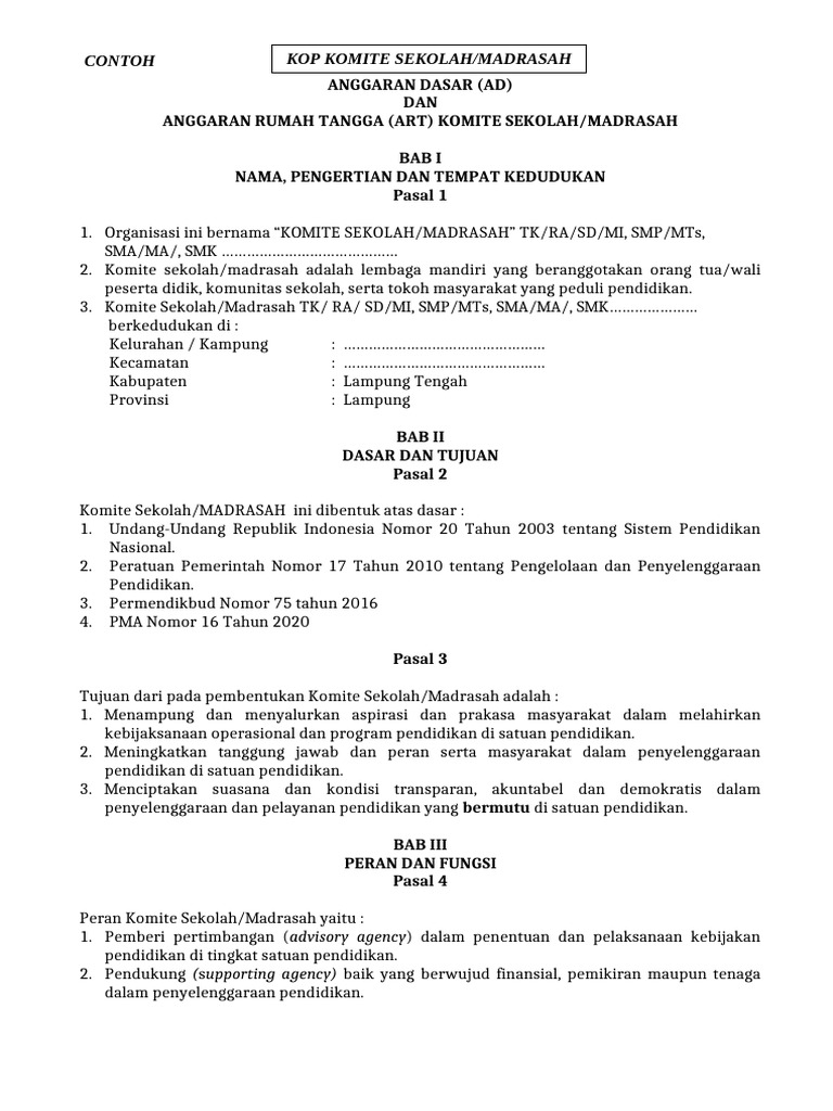 Contoh Ad Art Komite Sekolah | PDF