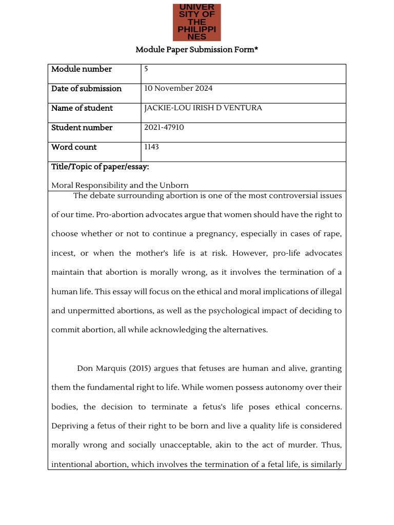 Module Paper Submission Form IH 203 | PDF | Abortion | Pregnancy