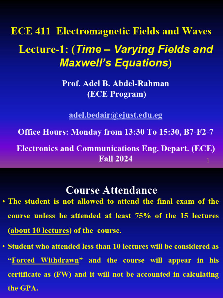 ECE 411 Lecture 1FF Maxwell Fall 2024 | PDF | Transmission Line | Waves