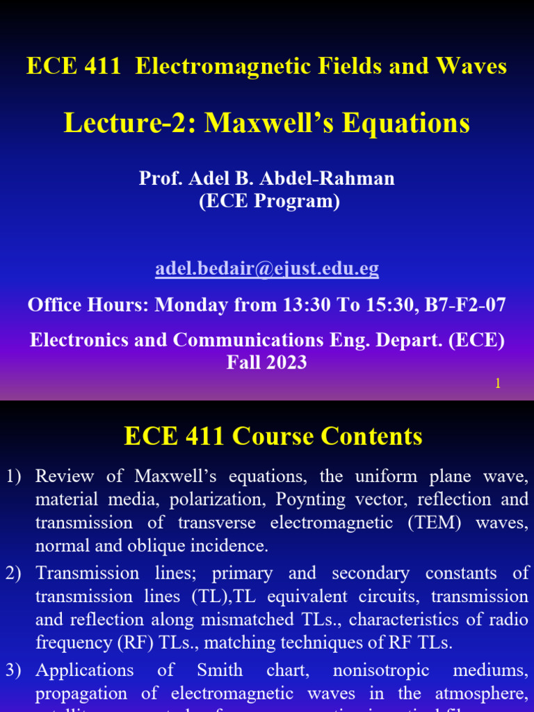 ECE 411 Lecture 2FF Maxwells Equations FDTD Fall 2024 | PDF